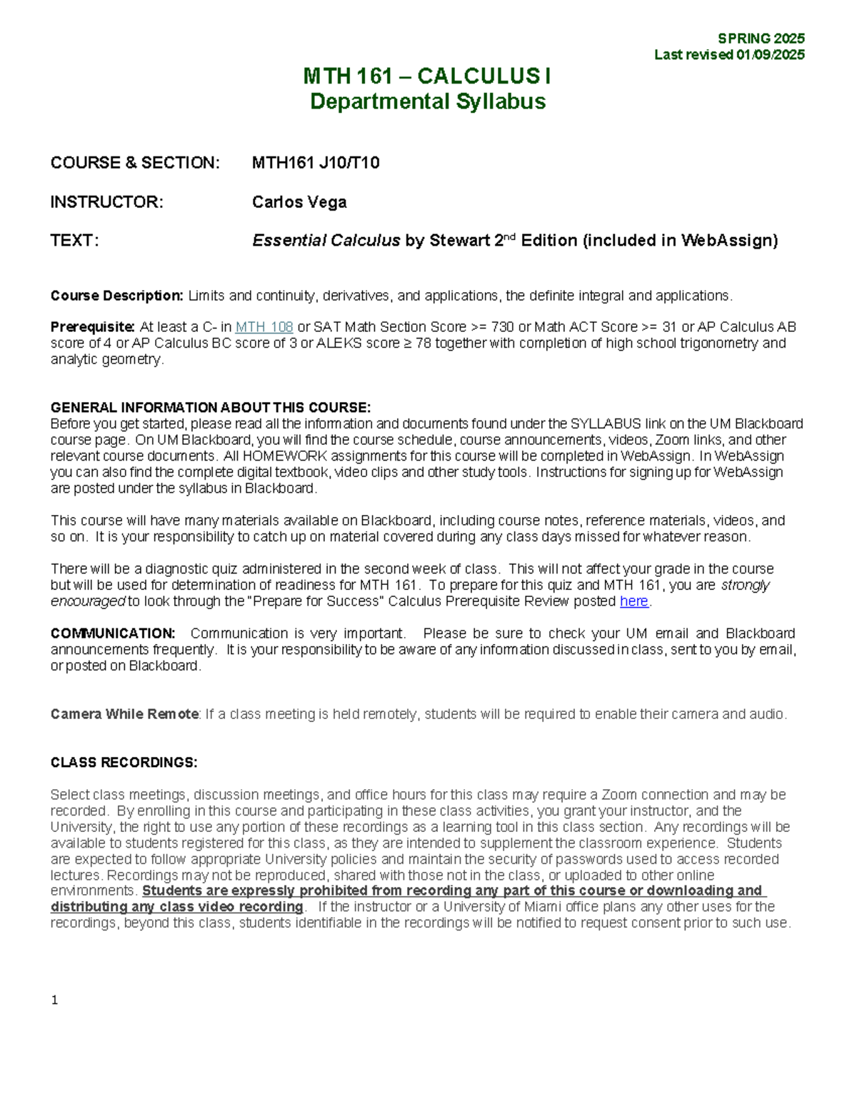 MTH 161 Calculus I Spring 2025 Syllabus - Instructor: Carlos Vega - Studocu