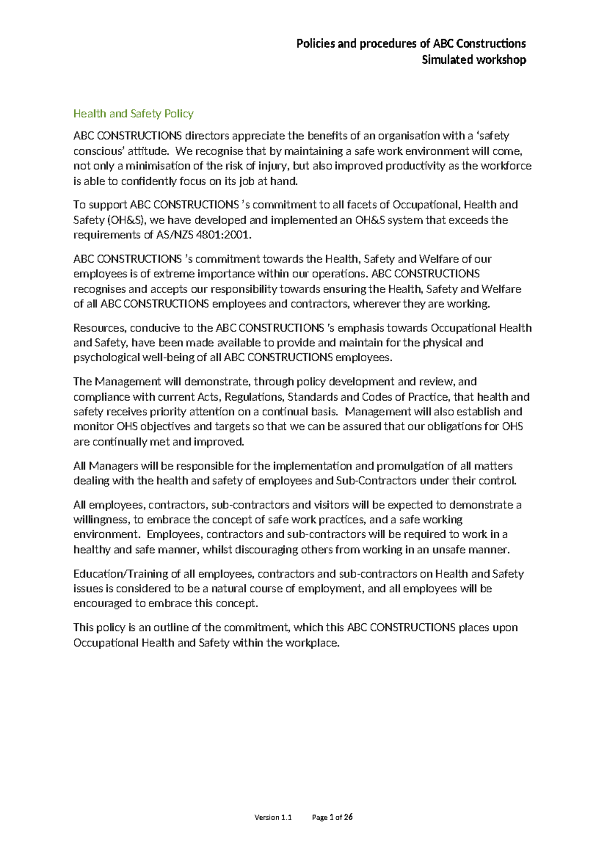 ABC Constructions OHS Policy: Health & Safety Procedures Guide - Studocu