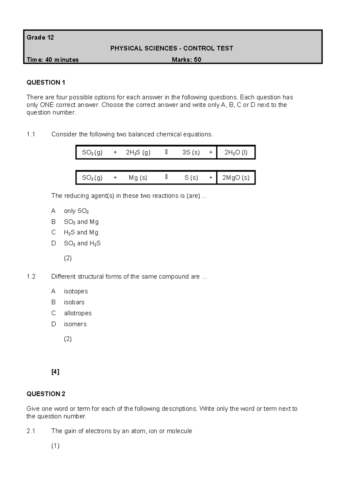 Grade 12 Physical Sciences Term 1 Control Test Questions - Studocu