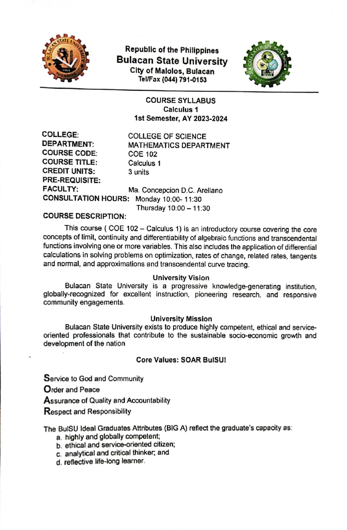 COE 102: Calculus 1 Syllabus for 1st Semester AY 2023-2024 - Studocu