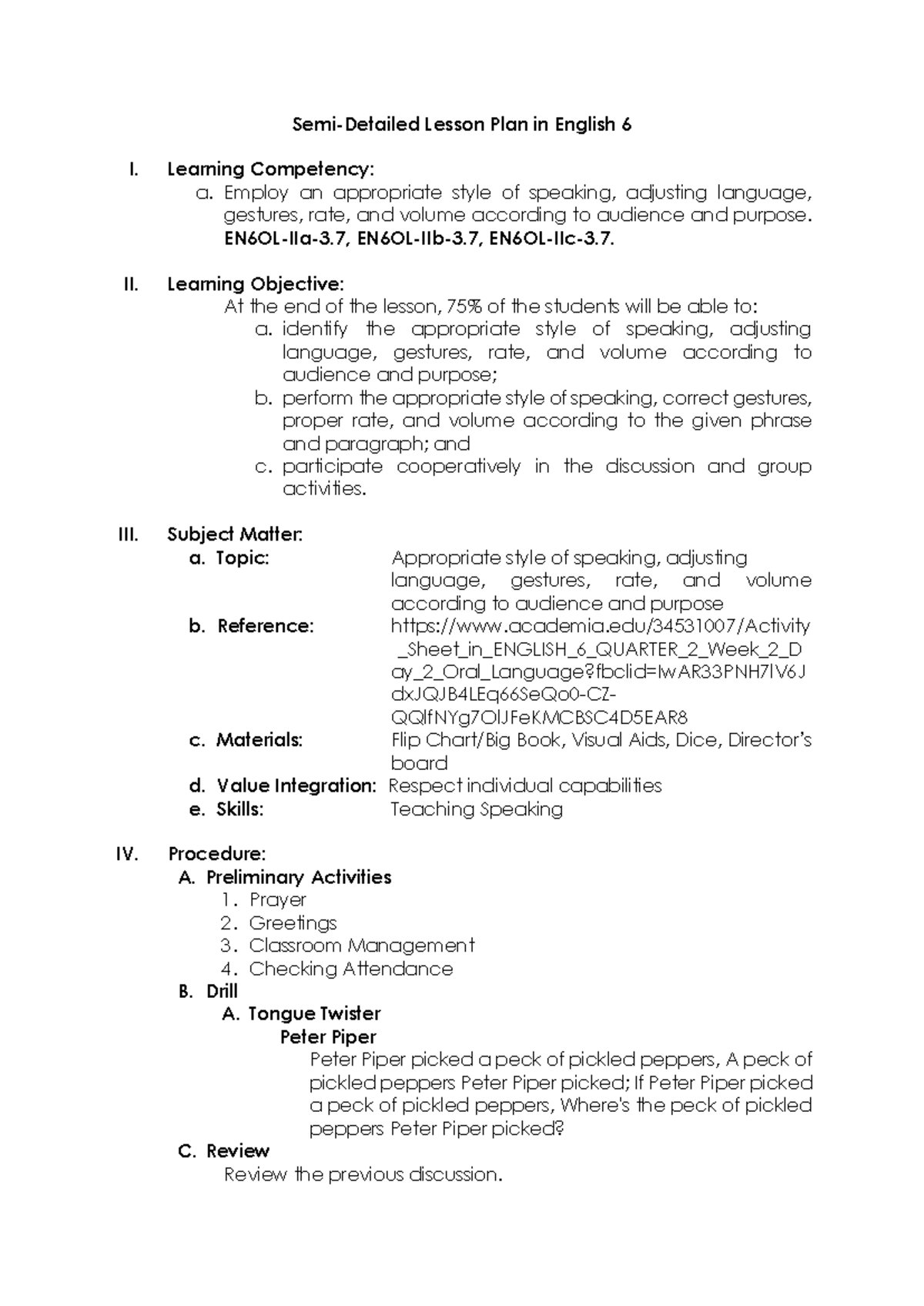 Final Lesson Plan on Appropriate Speaking Skills - EN6OL-IIa-3.7 - Studocu