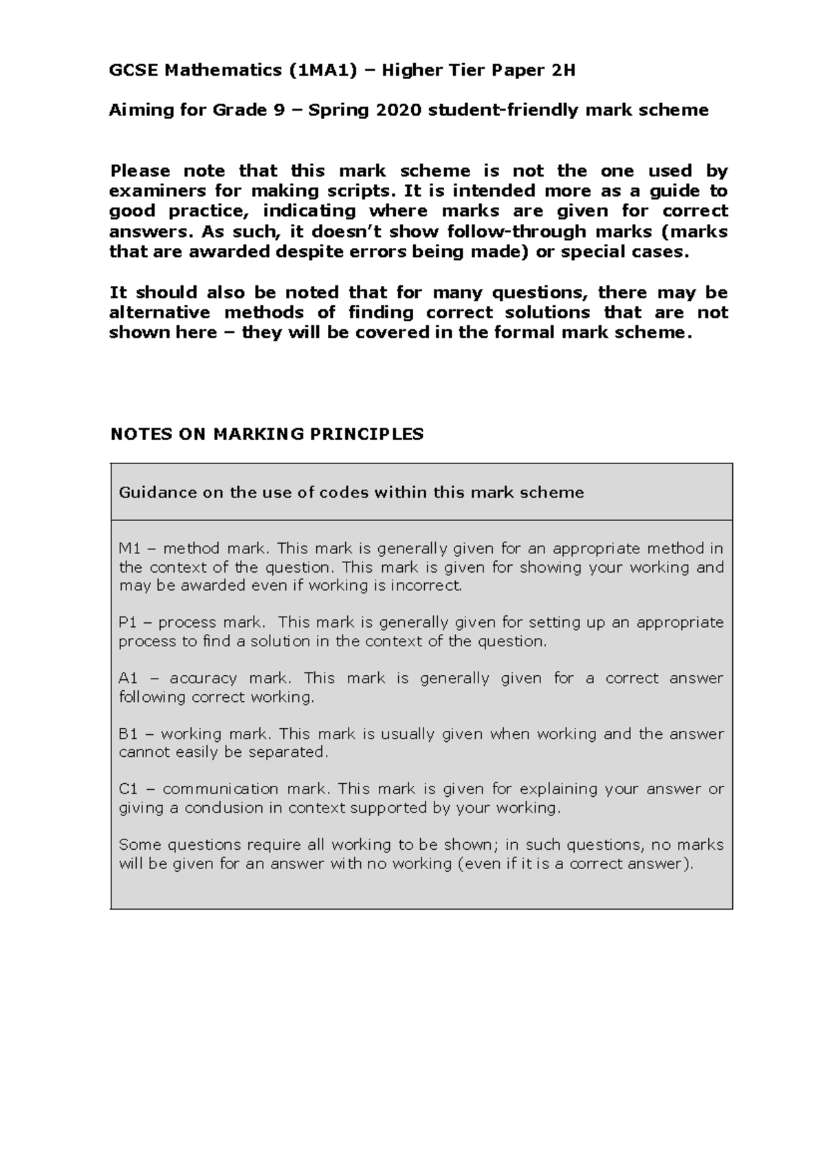 GCSE Mathematics (1MA1) Higher Tier Paper 2H Mark Scheme - Spring 2020 ...