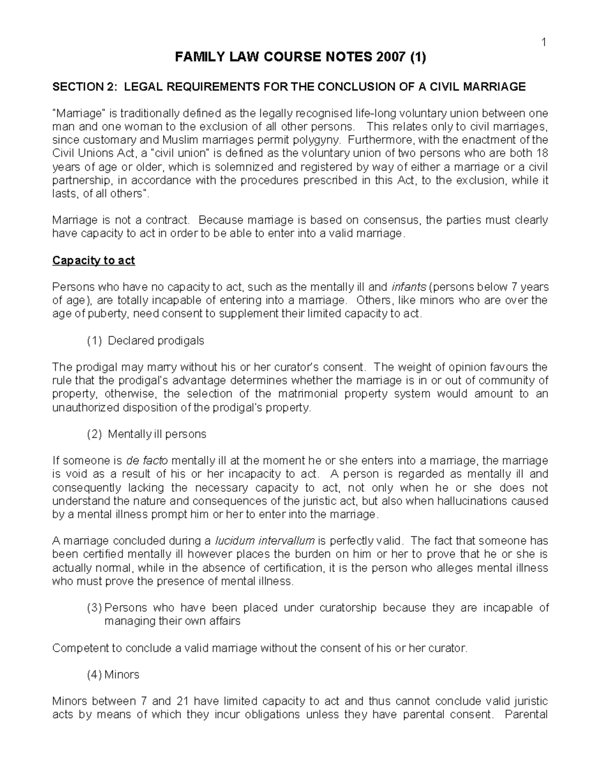 FAMILY LAW COURSE NOTES 2007: LEGAL REQUIREMENTS FOR CIVIL MARRIAGE ...