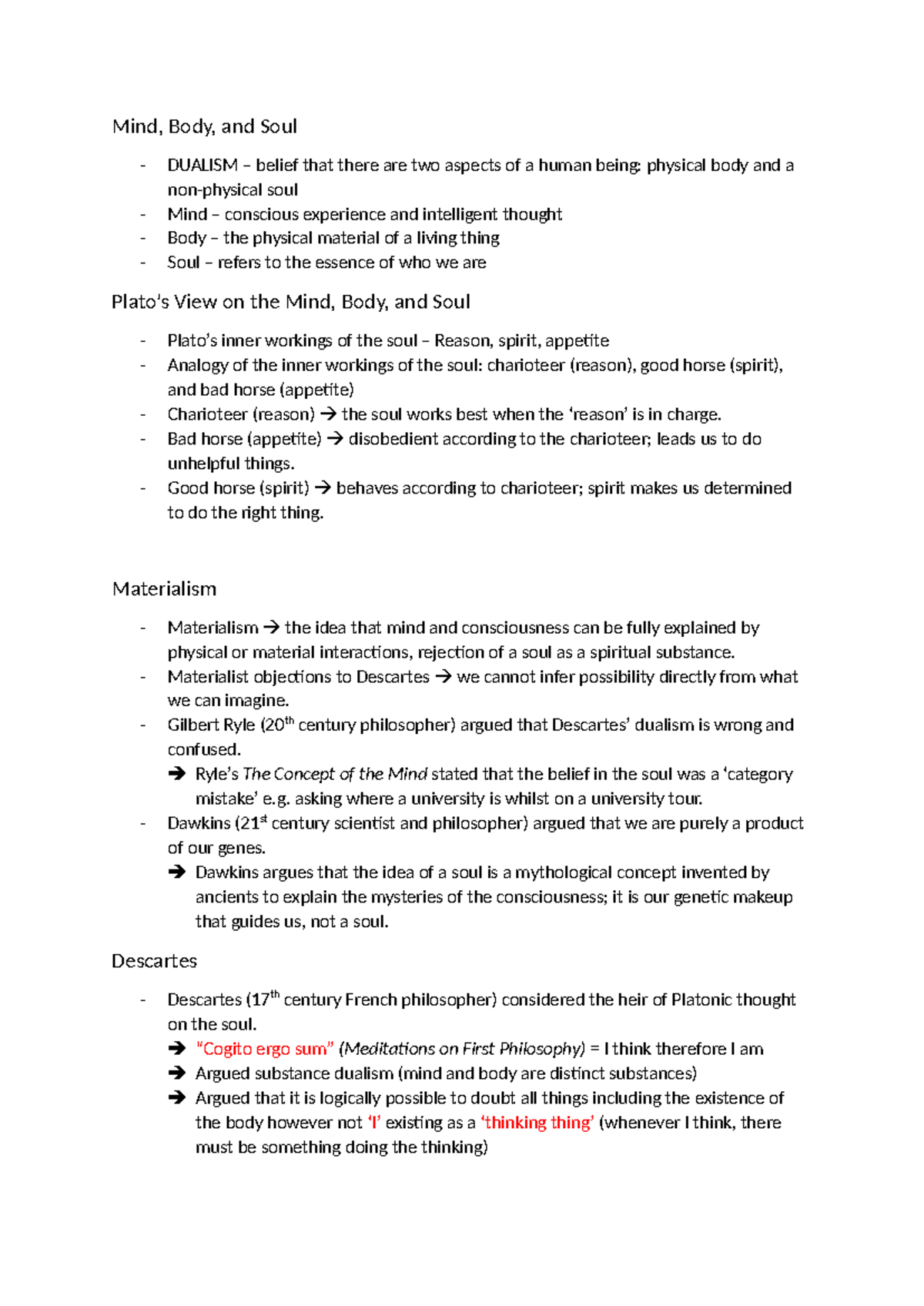 Philosophy I: Mind, Body, and Soul Revision Notes - Studocu