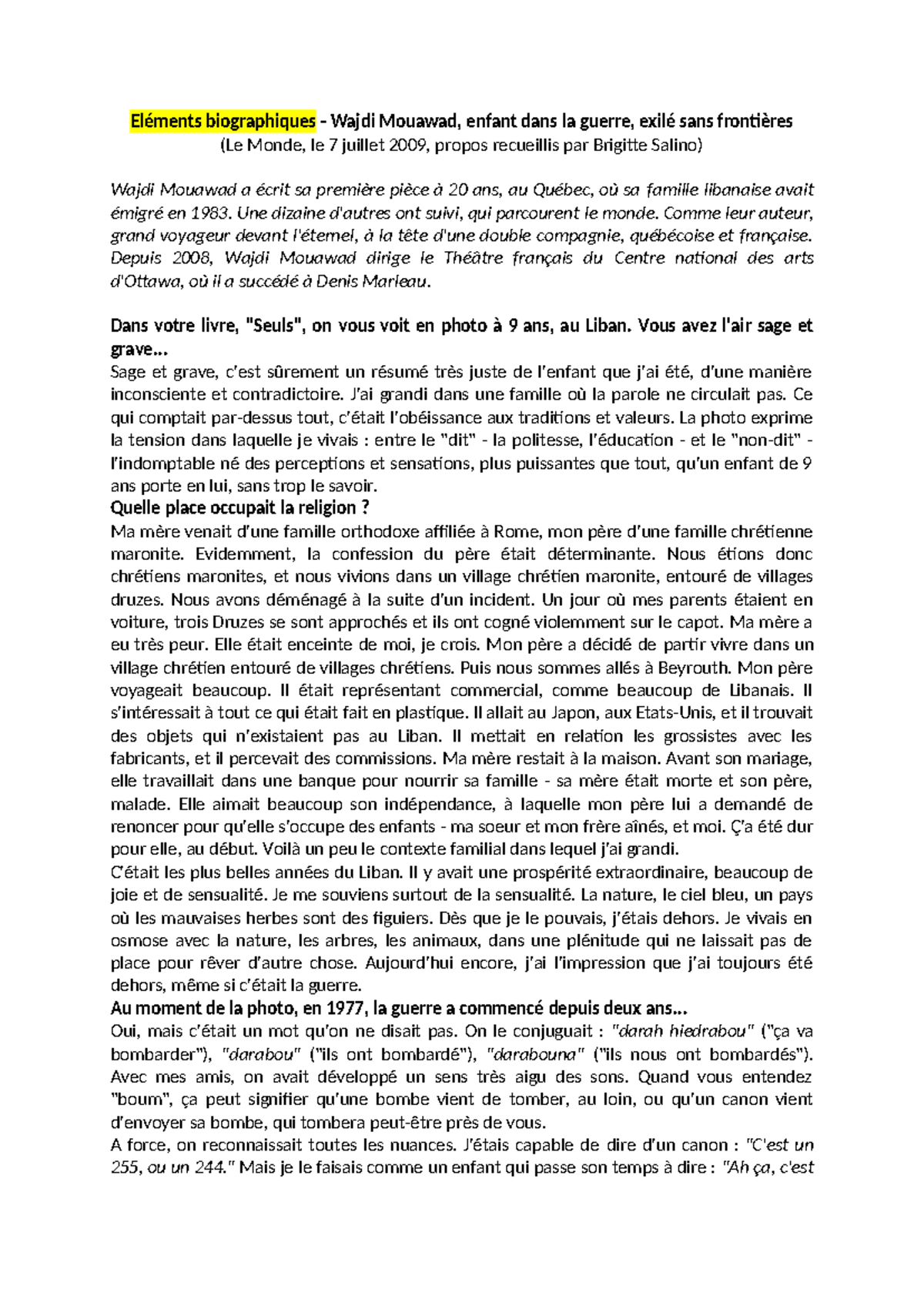 Bio de M. Wajdi - Eléments biographiques - Wajdi Mouawad, enfant dans ...