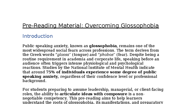 Pre-Reading Material: Overcoming Glossophobia in Public Speaking - Studocu