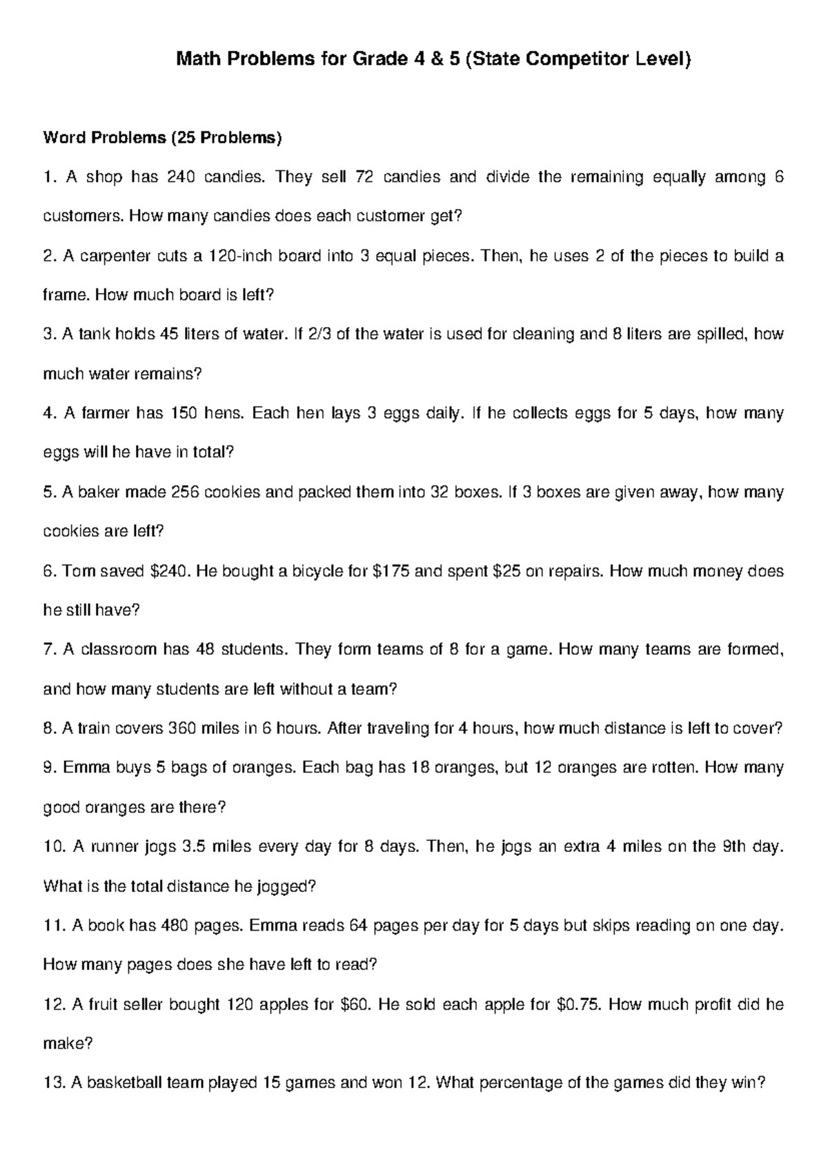Grade 4 & 5 Math Problems - State Competitor Level Practice - Studocu