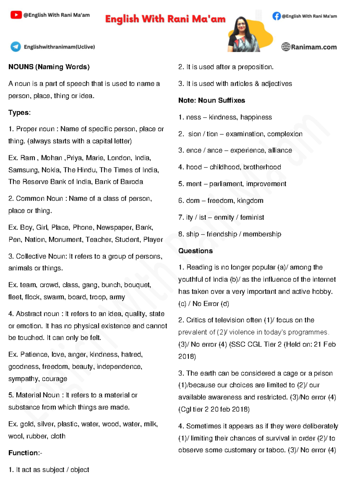 NOUNS (Naming Words) - SSC CGL Tier 2 English Study Notes - Studocu