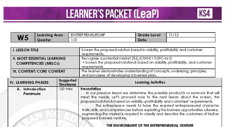 Entrep-Wk-5 - N/A - W Learning Area ENTREPRENEURSHIP Grade Level 11 ...