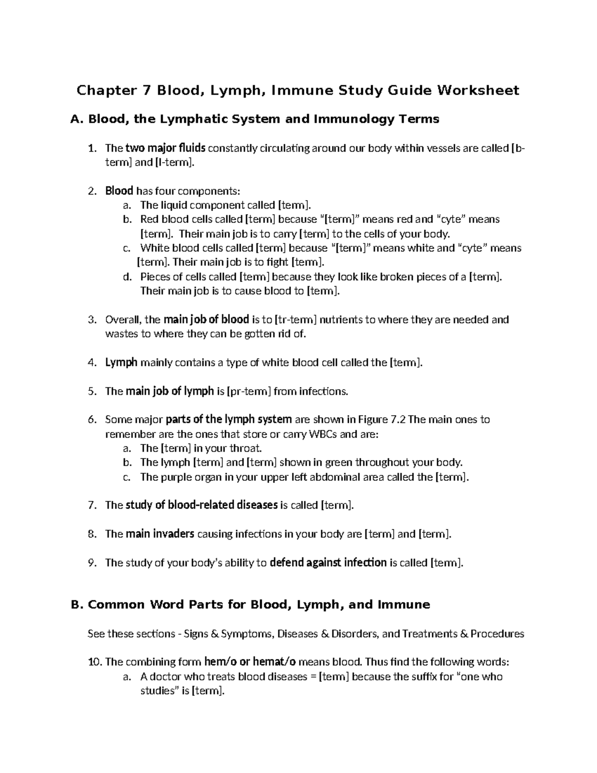 Chapter 7: Blood, Lymph, and Immune System Study Guide Worksheet A - Studocu