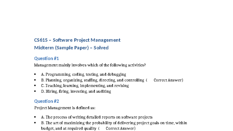 CS615 Software Project Management Midterm (Solved Questions & Answers ...