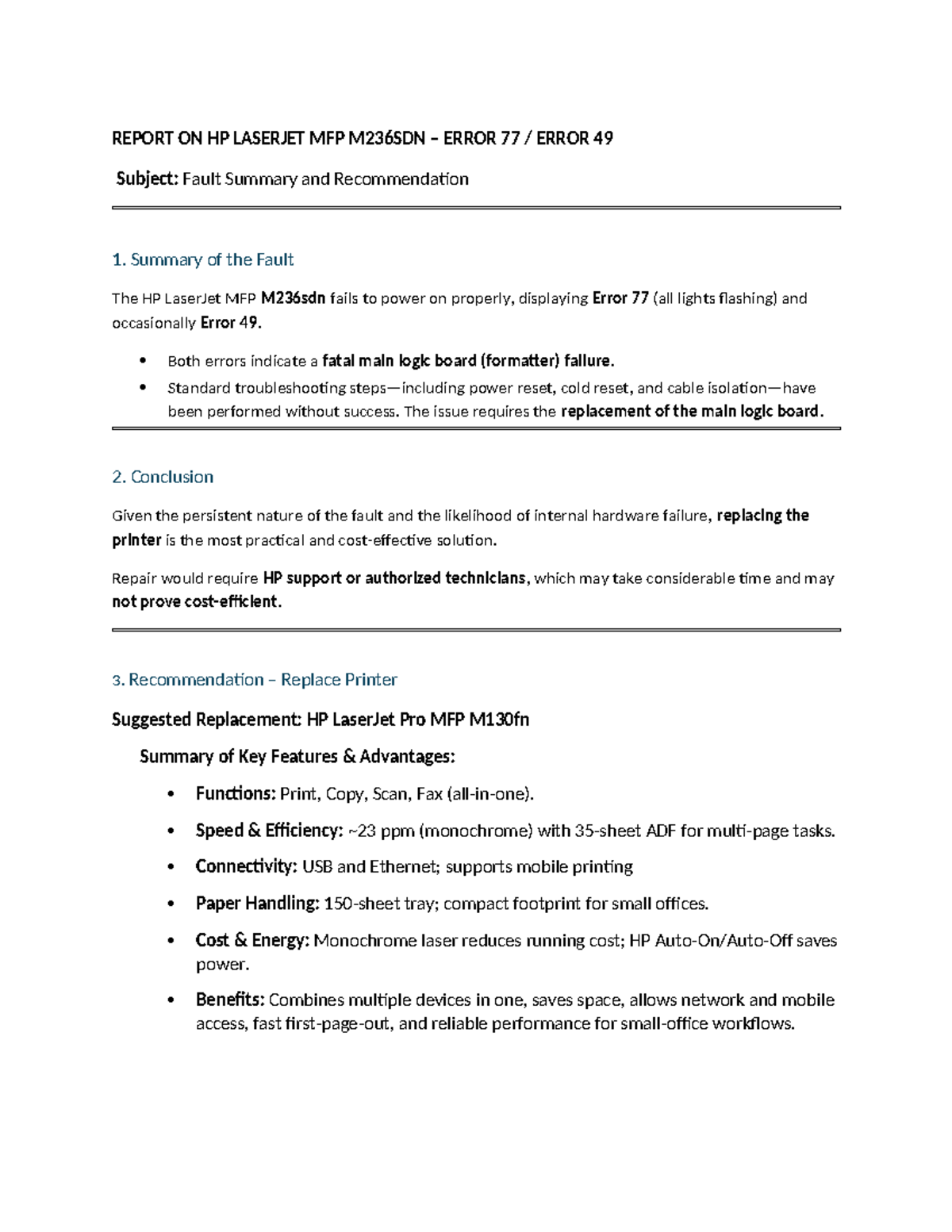 HP LaserJet MFP M236SDN Error Report & Replacement Recommendation - Studocu