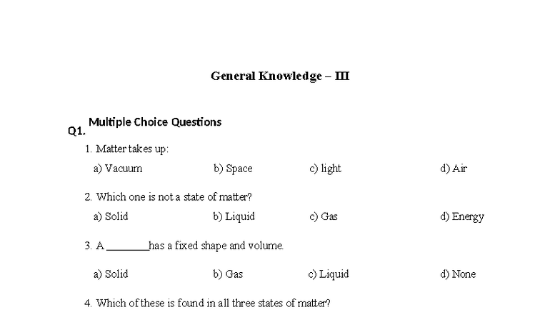 Class 3 GK - General Knowledge MCQs and Short Questions - Studocu