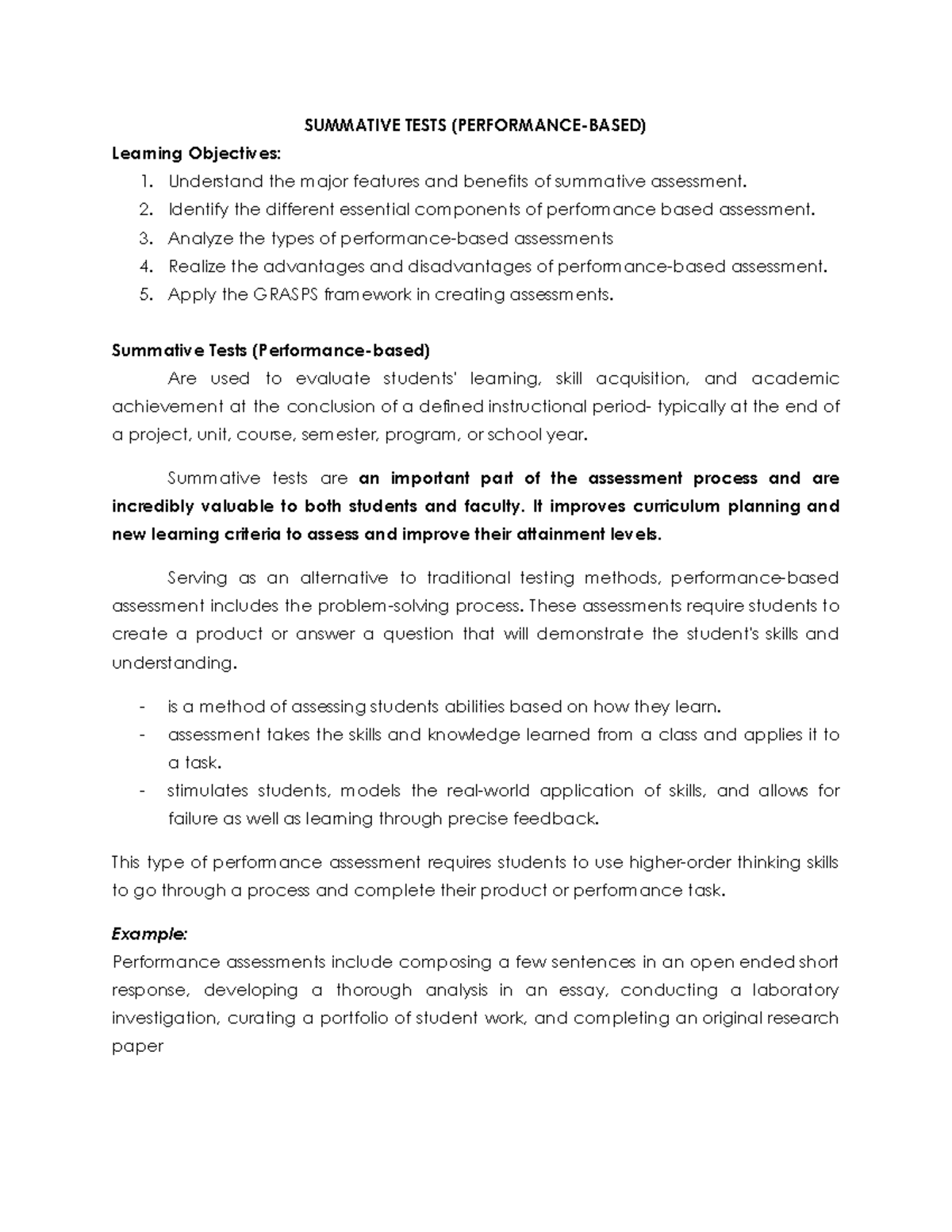 Performance-Based Summative Tests: Insights & Frameworks - Studocu