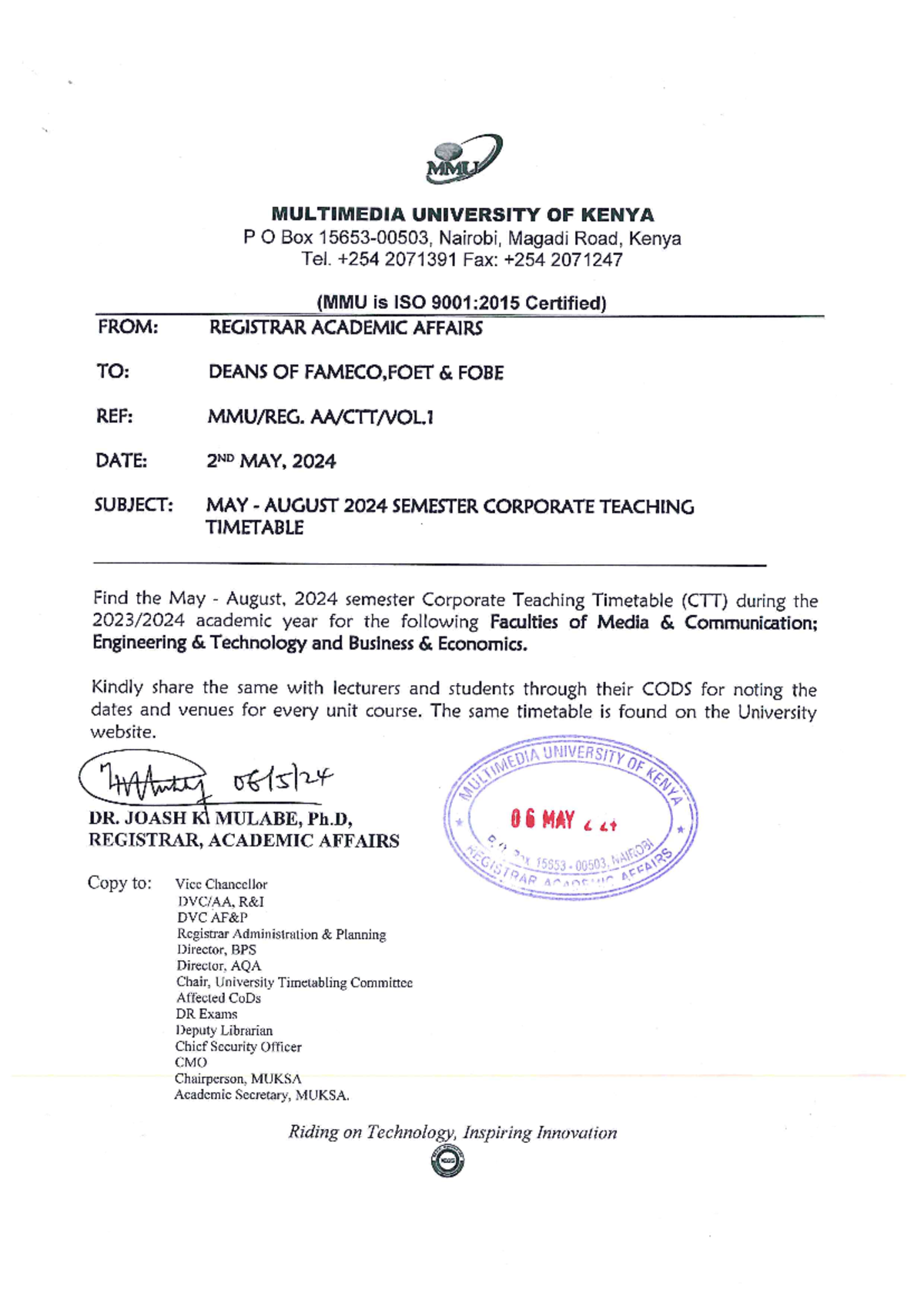 May - August 2024 Semester Teaching Timetable - MMU MULTIMEDIA ...