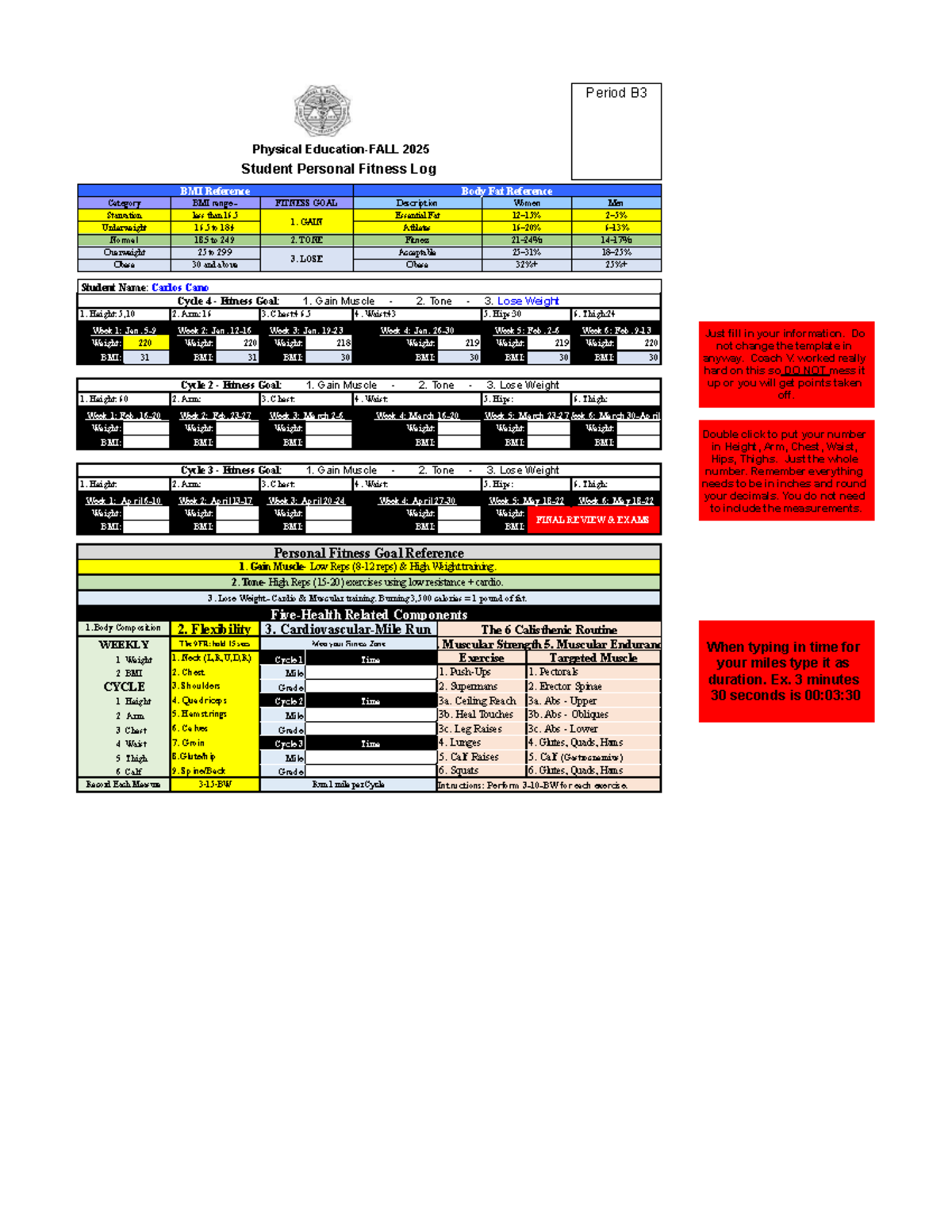 B3 Physical Education 2025: Personal Fitness Log & BMI Tracker - Studocu