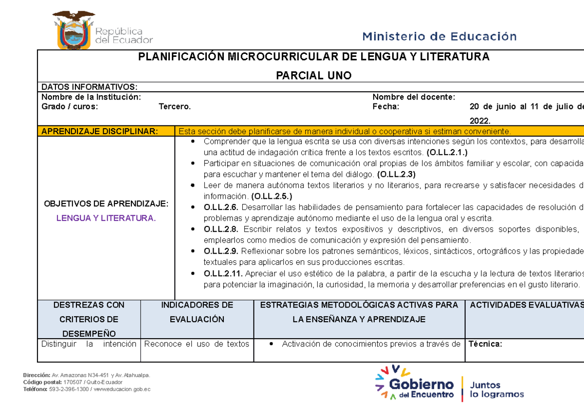 3ERO - Micro - LL - PUD 3 - Planificacion - PLANIFICACIÓN MICROCURRICULAR DE LENGUA Y LITERATURA ...