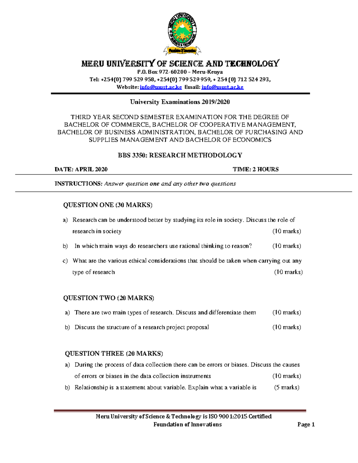 BBS 3350: Research Methodology Exam Notes - April 2020 - Studocu