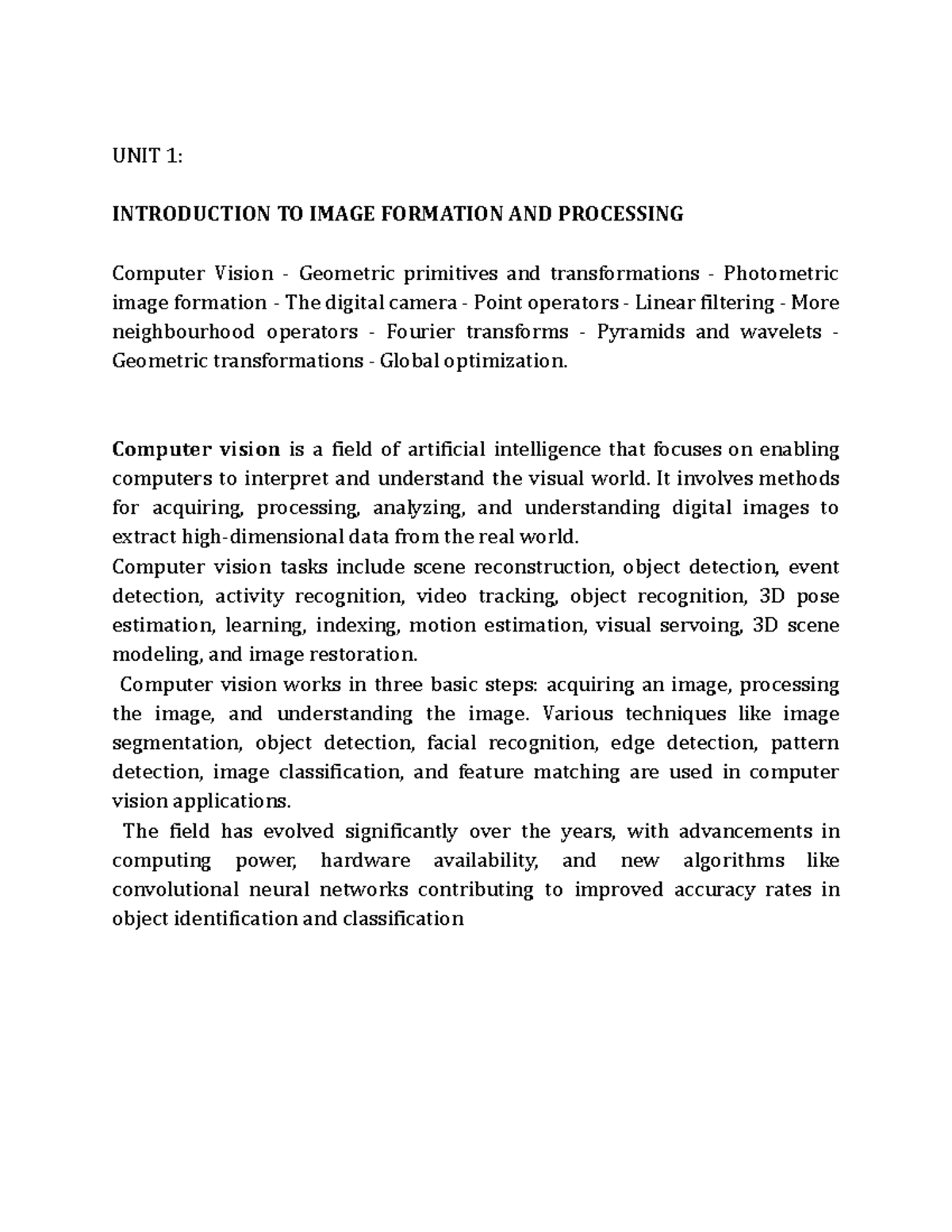 CV UNIT 1: Introduction to Image Formation & Processing Techniques - Studocu