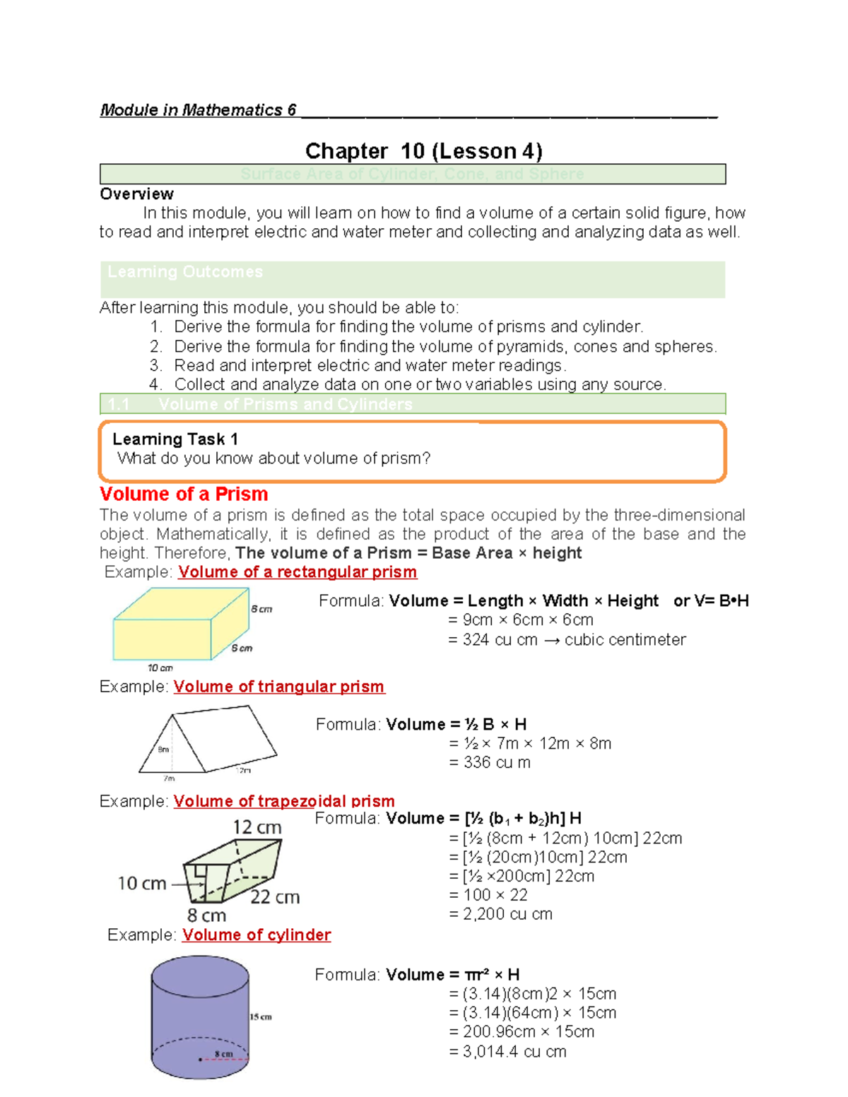 Mathematics 6 Module: Chapter 10 - Volume of 3D Shapes Lesson - Studocu