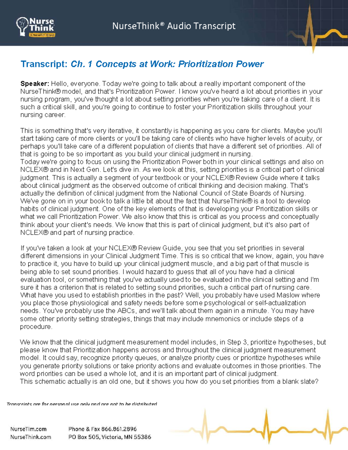 NRG Transcript: Ch. 1 Prioritization Power in Nursing Practice - Studocu