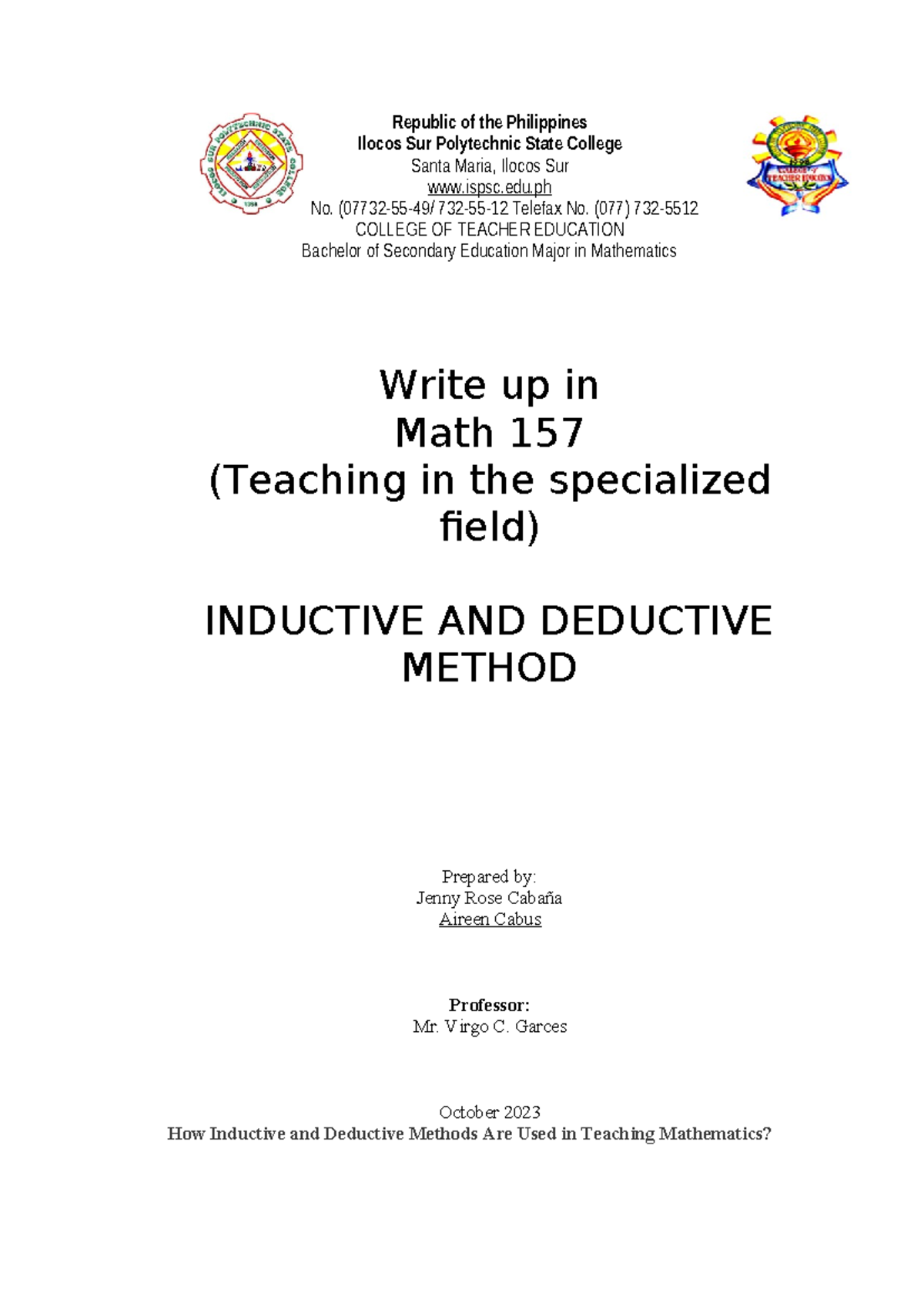Math 157 Lecture: Inductive & Deductive Methods in Teaching Math - Studocu