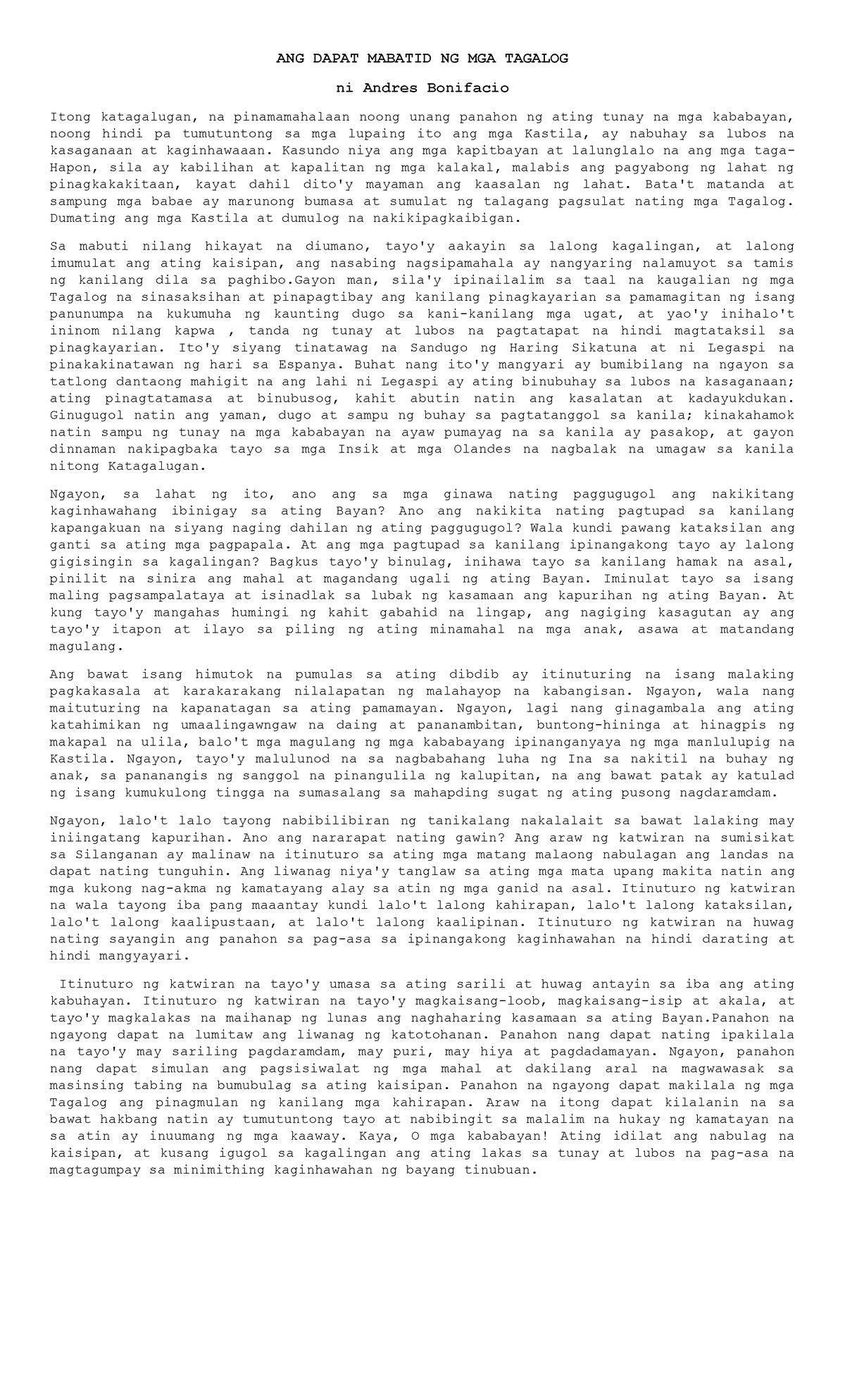 ANG Dapat Mabatid ng mga Tagalog: Isang Pagsusuri sa Kasaysayan - Studocu