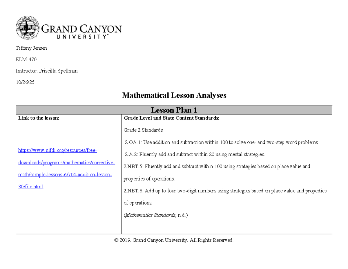 ELM-470-T2: Mathematical Lesson Analysis for Grades 2 & 3 - Studocu