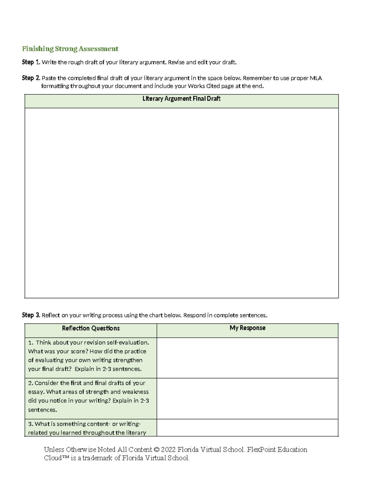 Finishing Strong Literary Argument Assessment Rubric - Studocu