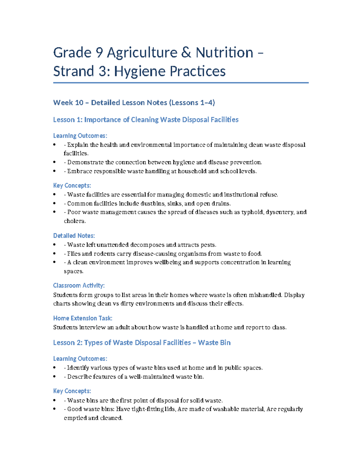 Grade 9 Agriculture Nutrition: Hygiene Practices Week 10 Notes - Studocu