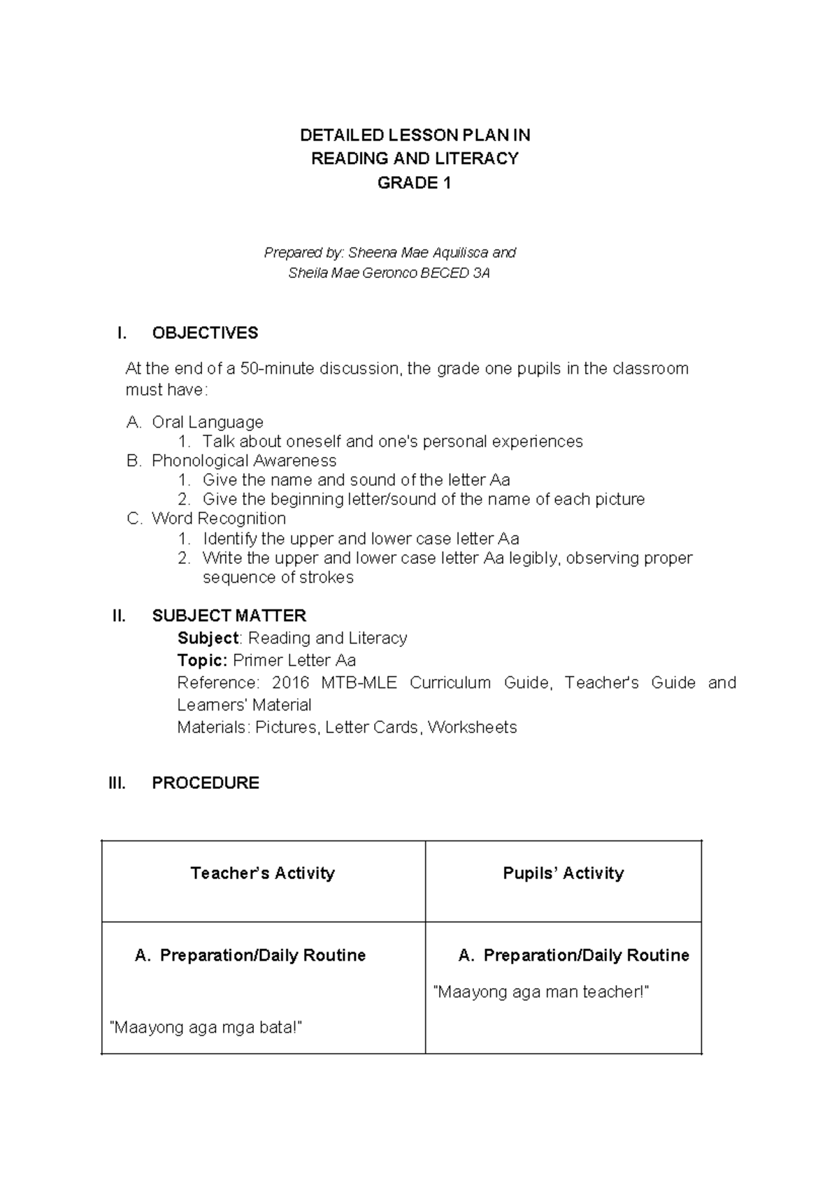 Detailed Lesson Plan: Letter Aa in Reading & Literacy (Grade 1) - Studocu