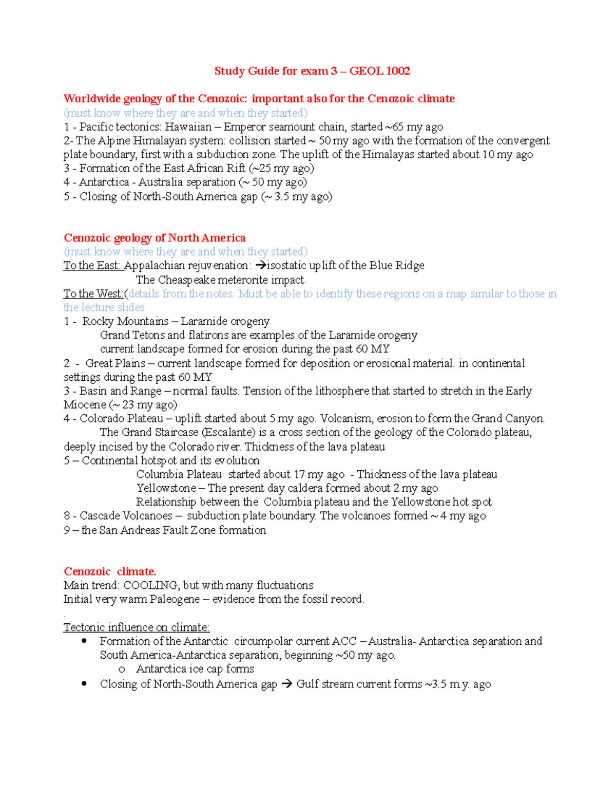 Study Guide for Exam 3: Cenozoic Geology and Climate - GEOL1002 - Studocu