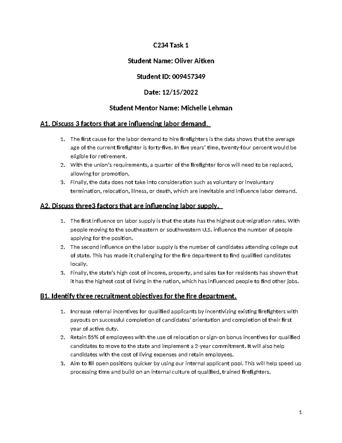 C234 Task 1 firefighter recruitment - C234 Task 1 Student Name: Oliver ...