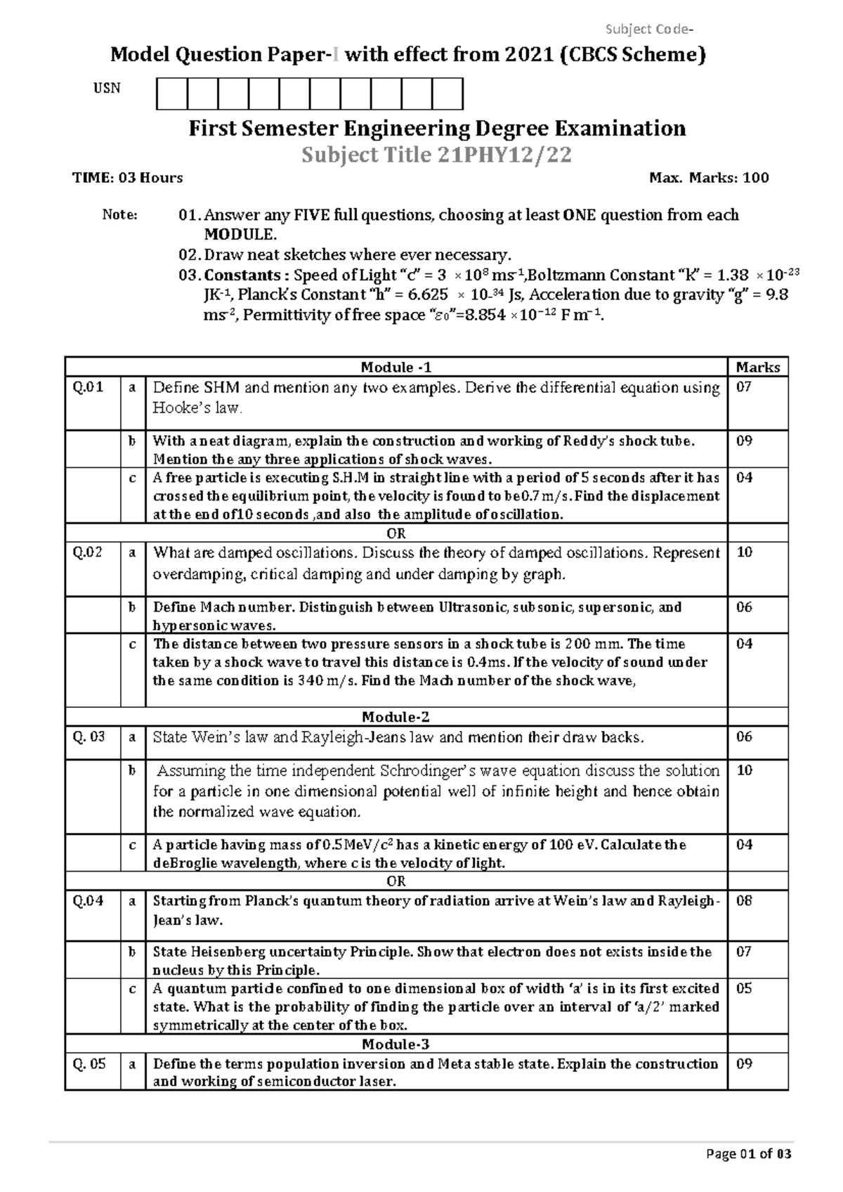 21PHY12 Engineering Physics 2022 Model Question Paper I - Studocu