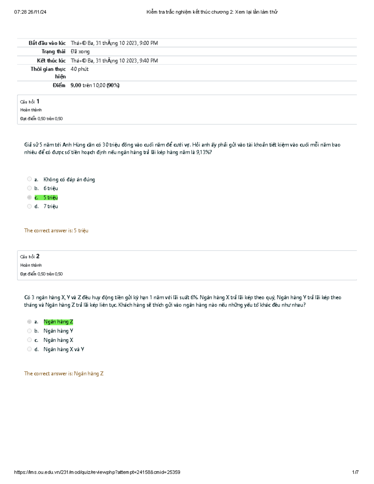 Chương 2 - Điểm số và Câu hỏi Tài chính 31/10/2023 - Studocu