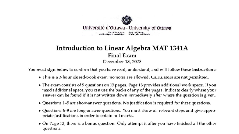 Final Exam Review for Linear Algebra MAT 1341A - December 2023 - Studocu