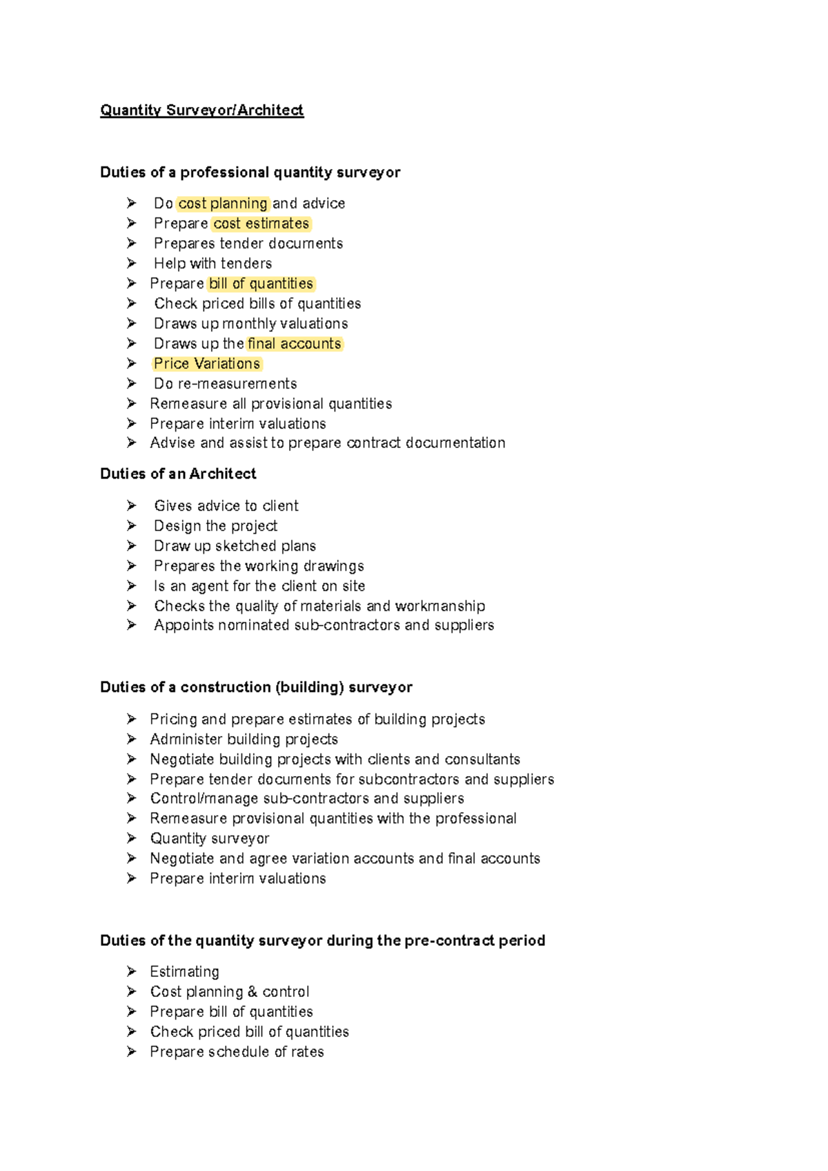 Responsibilties of a QS - Quantity Surveyor/Architect Duties of a ...