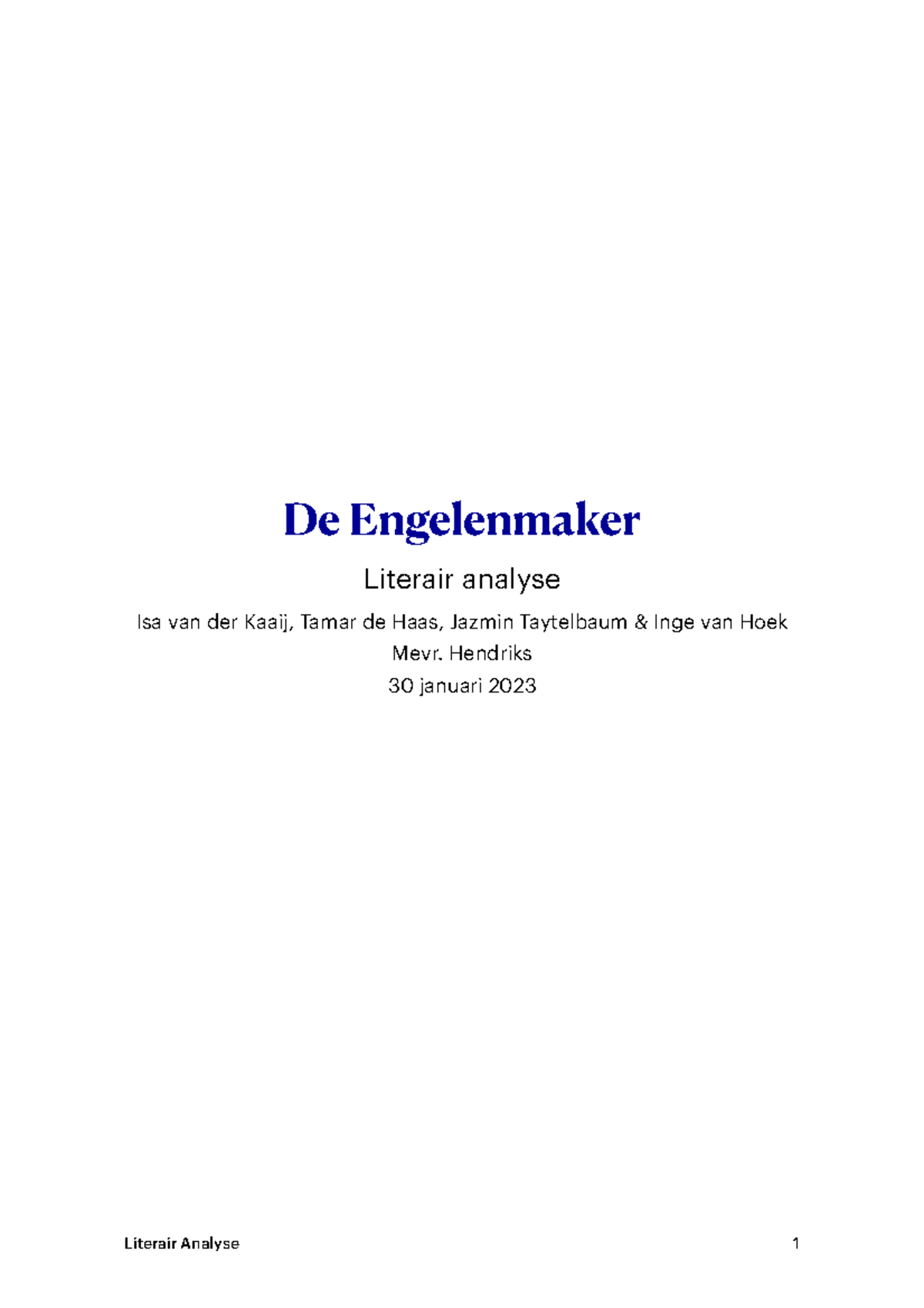 Literair Analyse van "De Engelenmaker" - Boek Door: Isa & Co. - Studeersnel