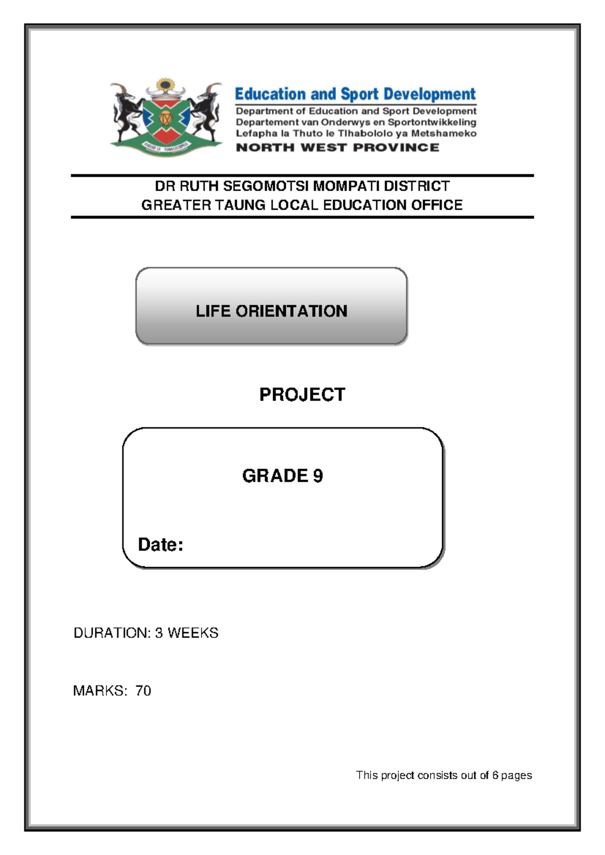 Grade 9 Life Orientation Project-1 (Sept 2023) - Duration 3 Weeks - Studocu