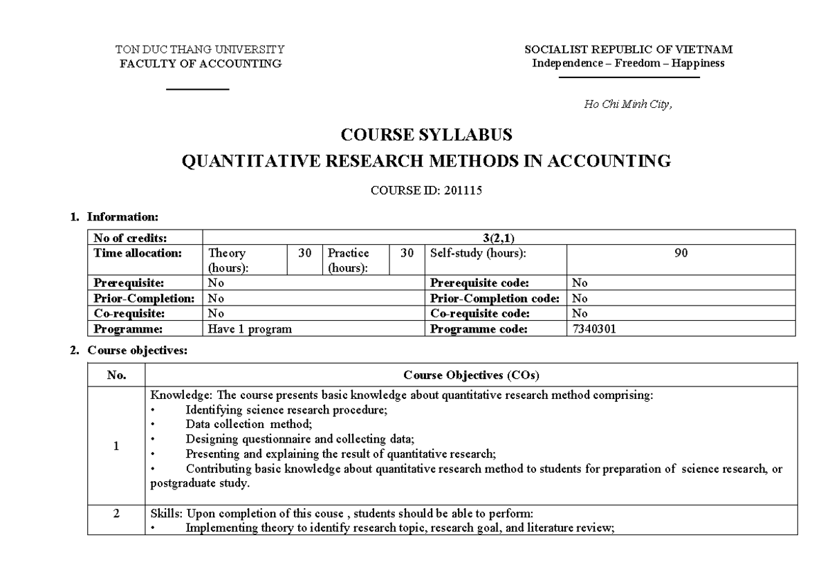 Quantitative Research Methods in Accounting Syllabus (Course ID: 7340301) - Studocu