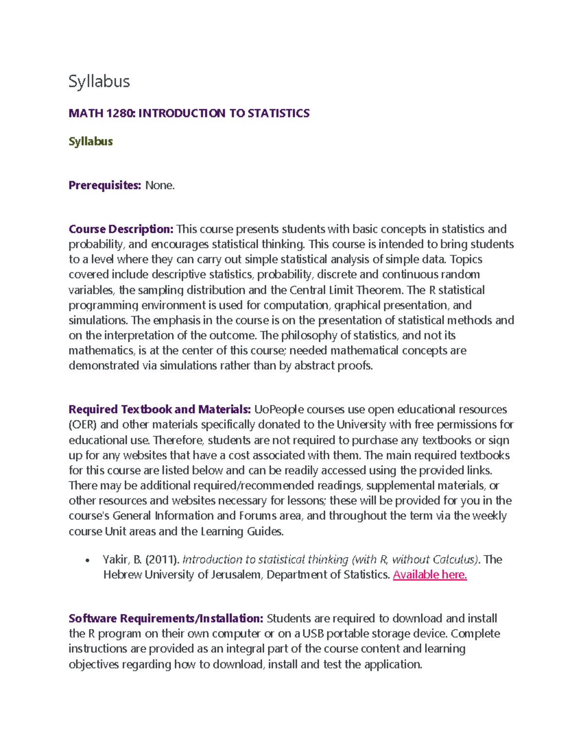 MATH 1280 Syllabus - Syllabus MATH 1280: INTRODUCTION TO STATISTICS ...