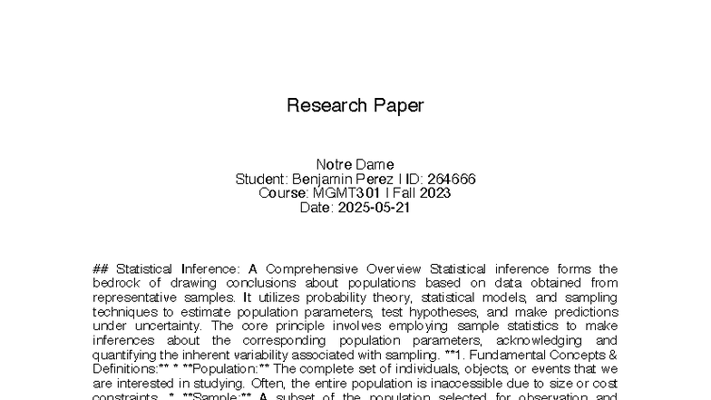 MGMT301 Fall 2023: Statistical Inference Overview and Key Concepts - Studocu