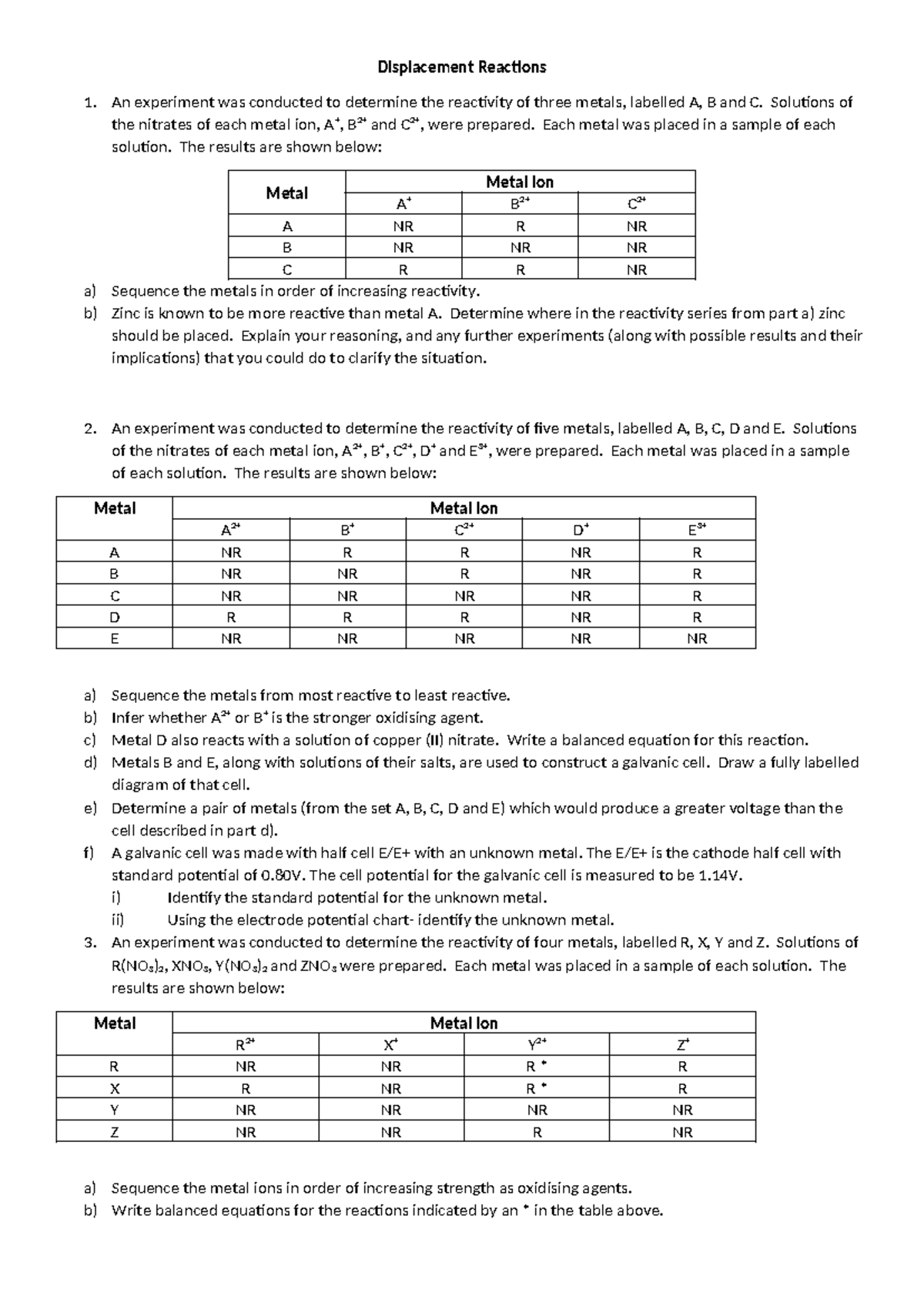 Displacement Reactions Practice Questions (Chem 101) - Studocu