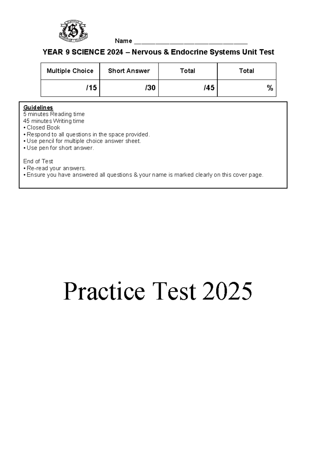 Nervous & Endocrine Systems Unit Test - Year 9 Science 2024 - Studocu