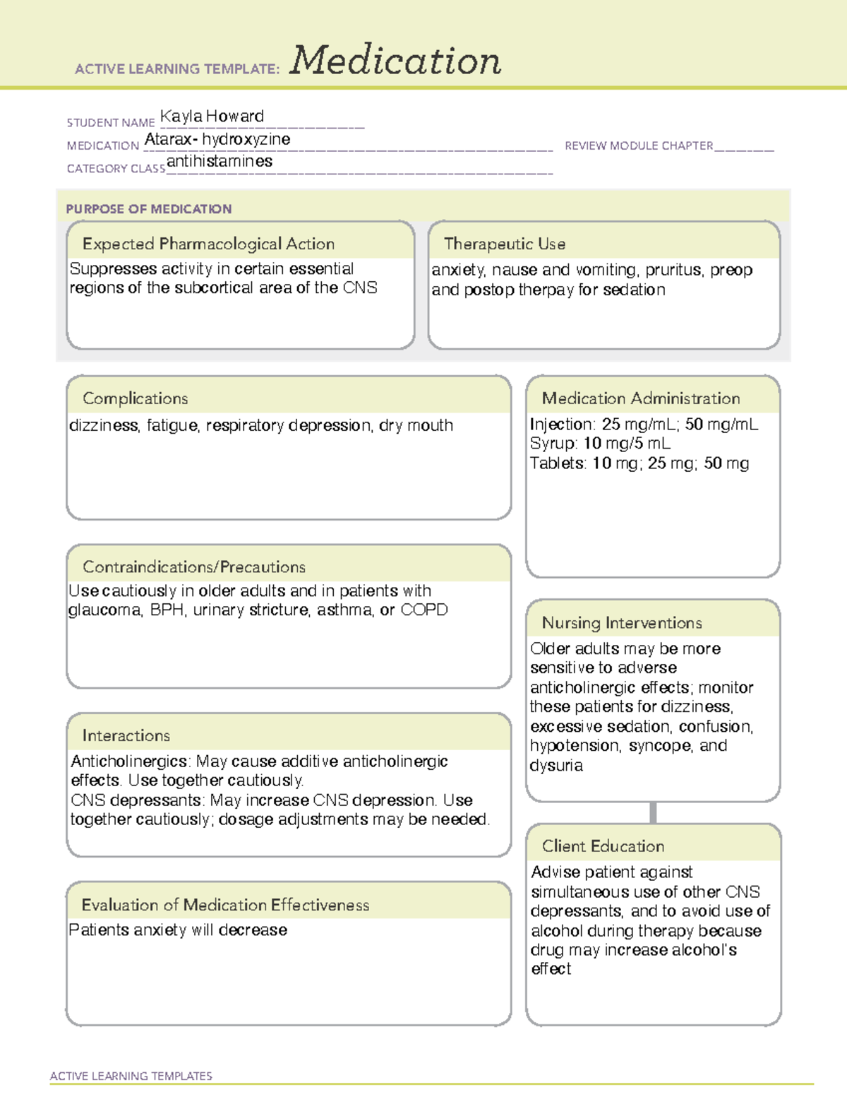 Atarax (Hydroxyzine) Medication Review Template - Active Learning - Studocu
