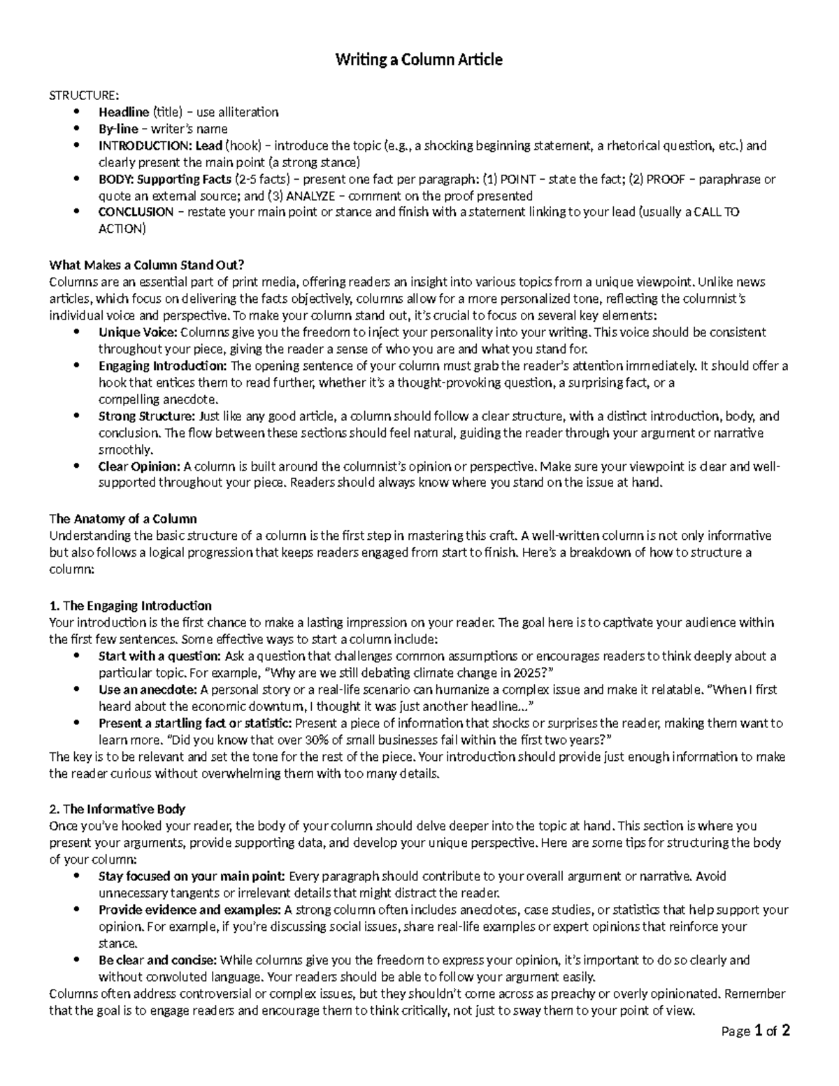 Column Writing Guide: Structure & Key Elements - Studocu