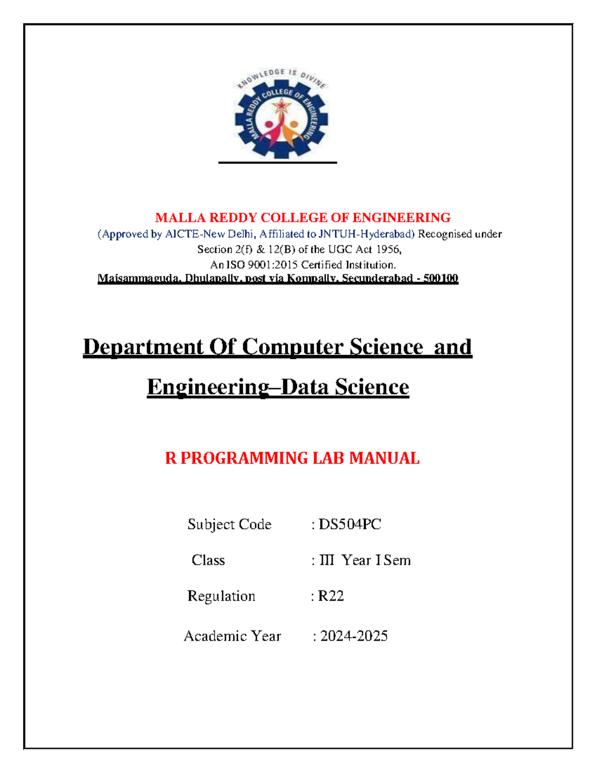 R Programming Lab Manual DS504PC for III Year I Sem - Overview and Experiments - Studocu