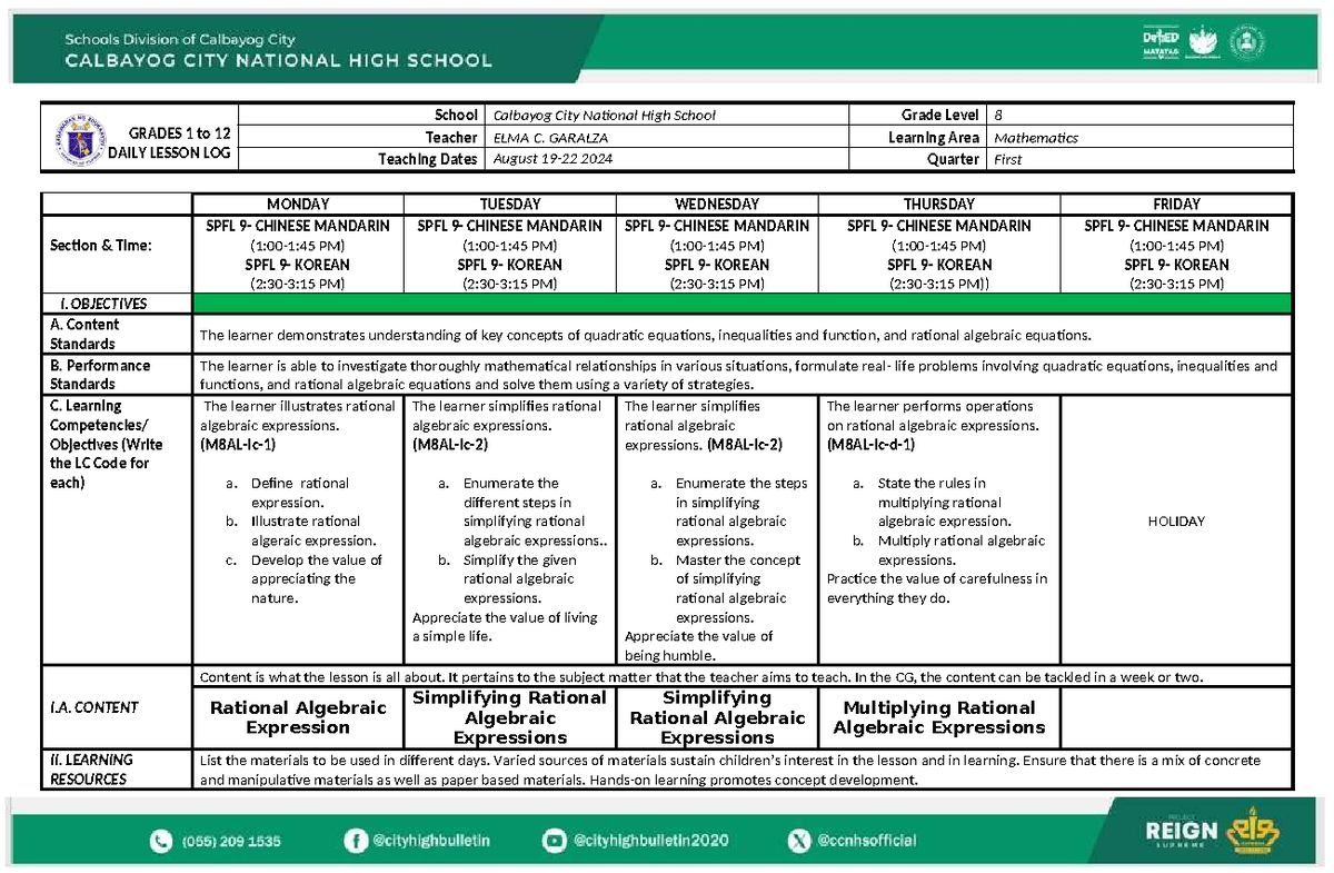 2MATH 3 DLL Q1 W3 - Weekly Lesson Plan for Grade 8 Mathematics - Studocu