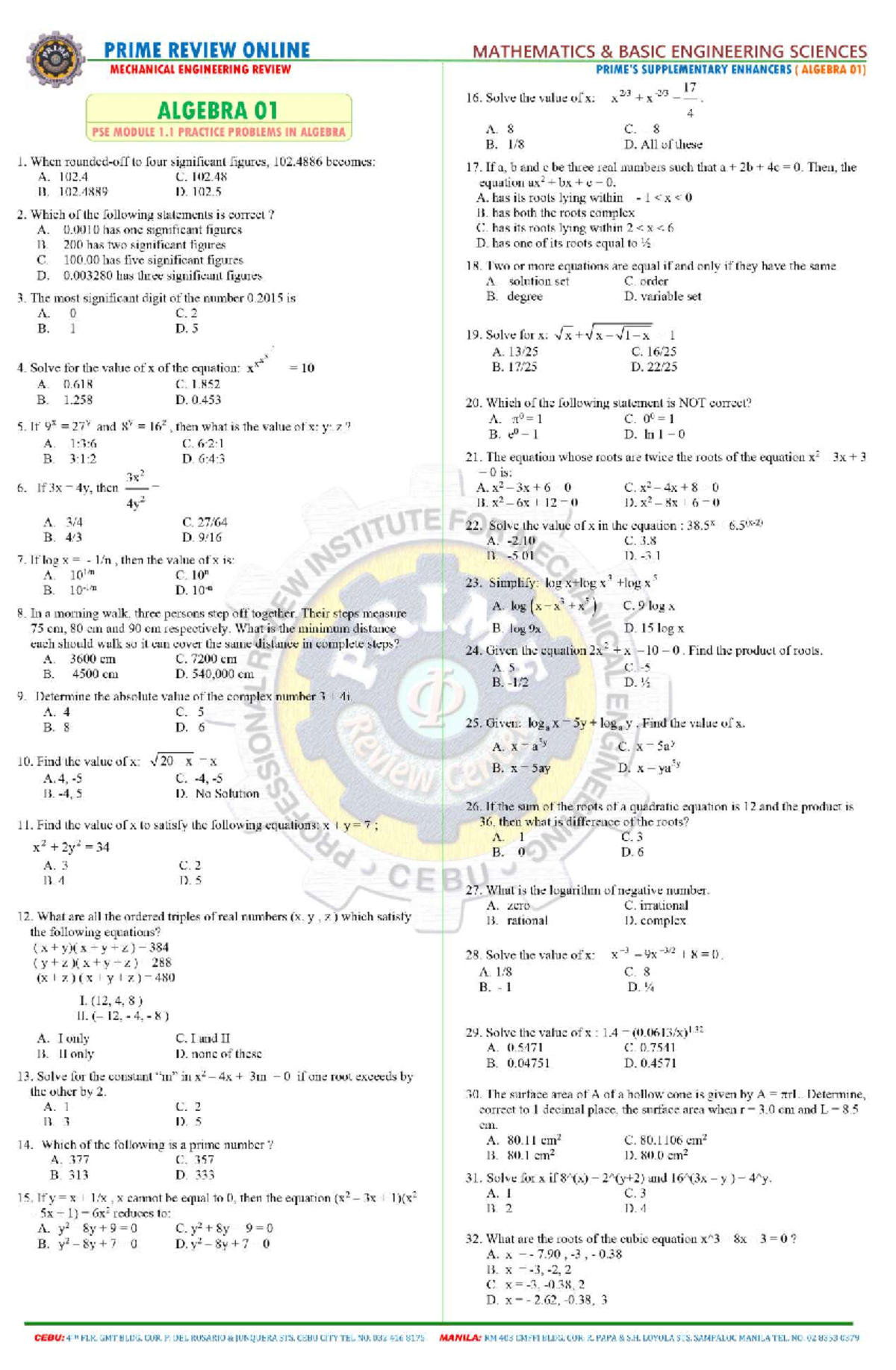 Algebra 1 - practice problems - PRIME REVIEW ONLINE MATHEMATICS BASIC ...