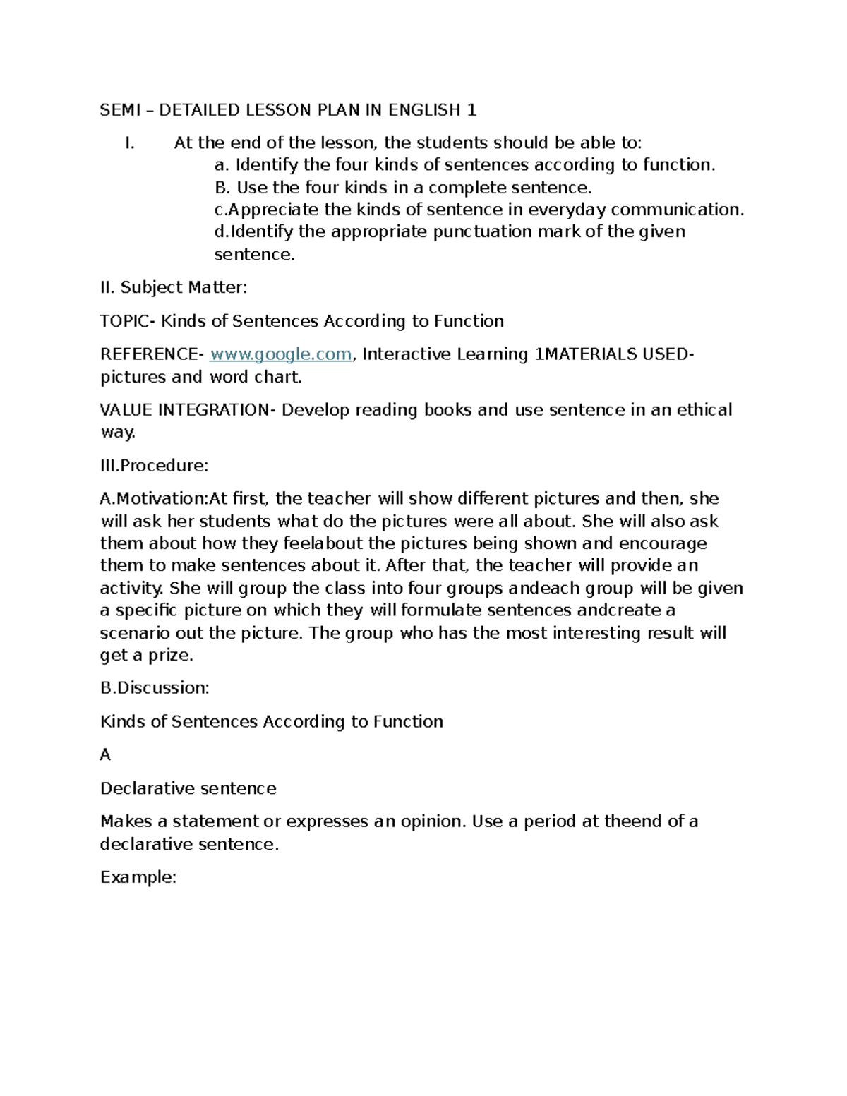 Document - MATH - SEMI – DETAILED LESSON PLAN IN ENGLISH 1 I. At the ...